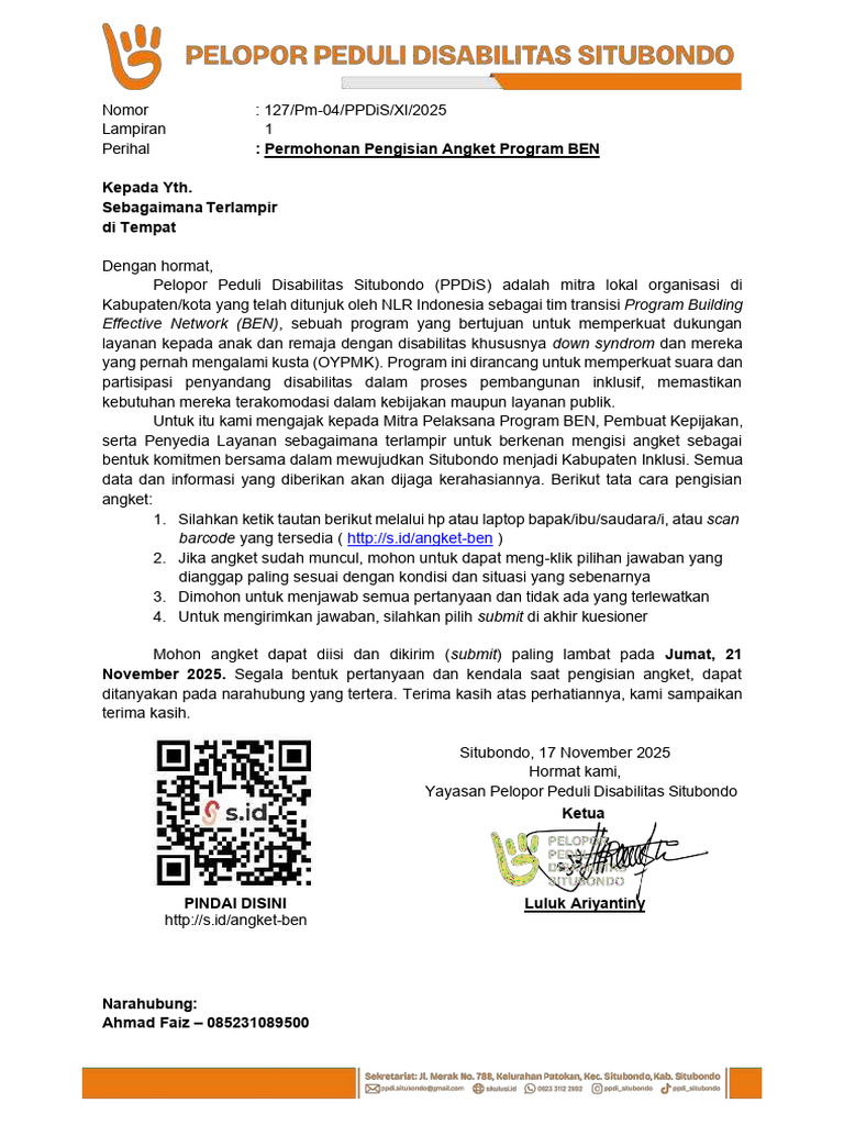 Permohonan Pengisian Angket Program BEN | PDF