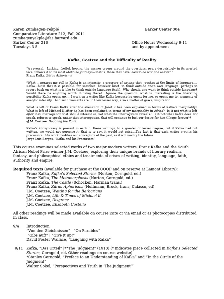 Harvard Kafka-Coetzee Course CL 212 Fall 2012 Isite 932012 | PDF ...