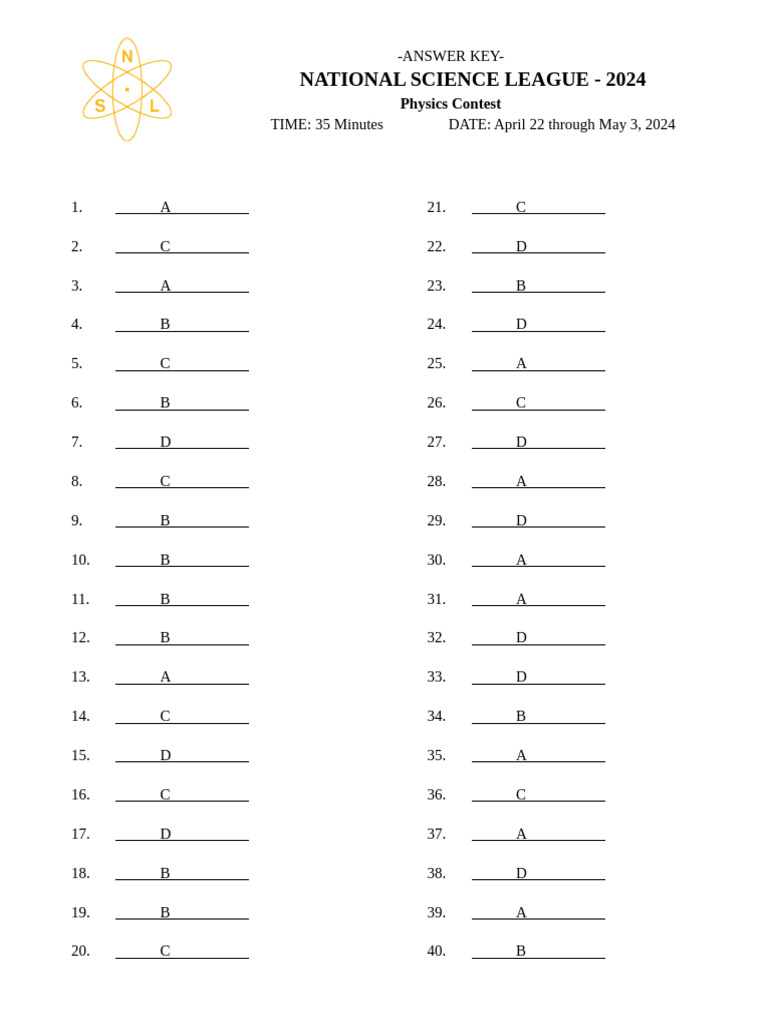 National Science League 2024 Physics Answers | PDF