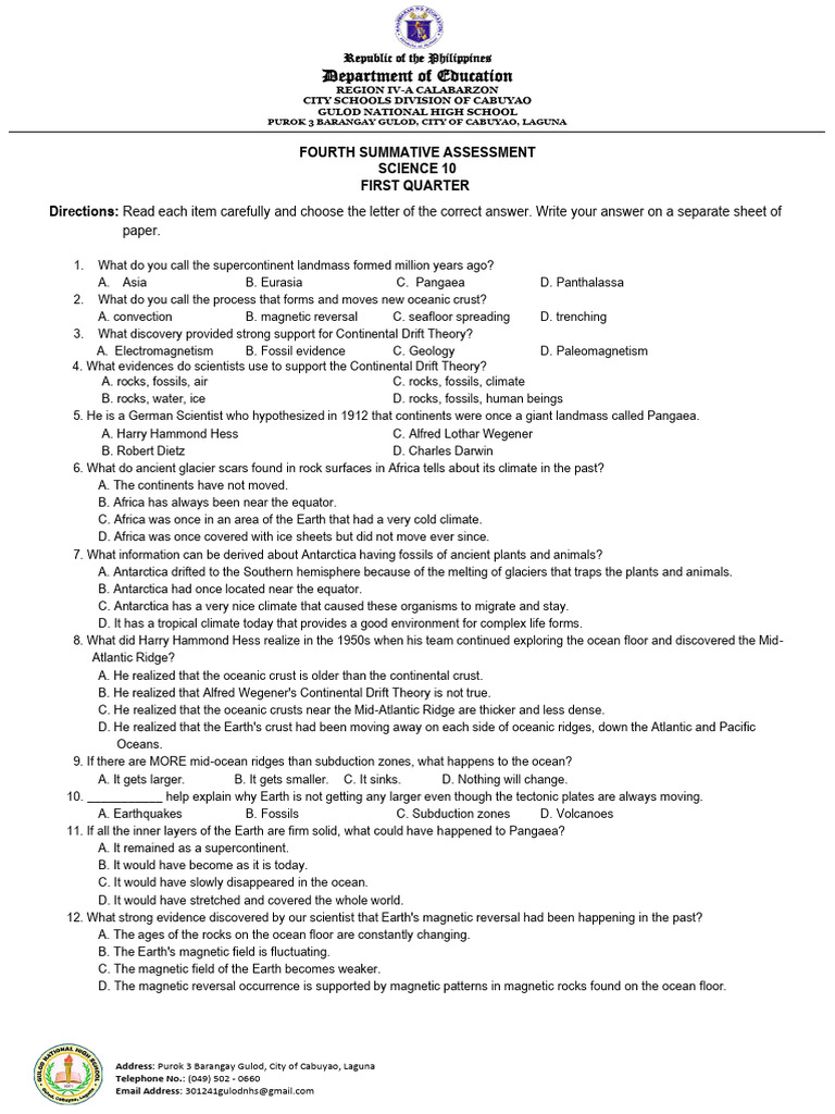 Science 4th Summative Test q1 Seta Final | PDF | Plate Tectonics ...