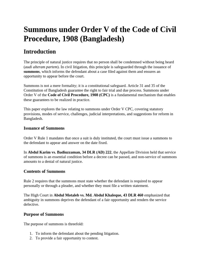 Sikder Mehrab Hossen (22-49173-3) Summons Under Order V of The Code of Civil Procedure | PDF ...