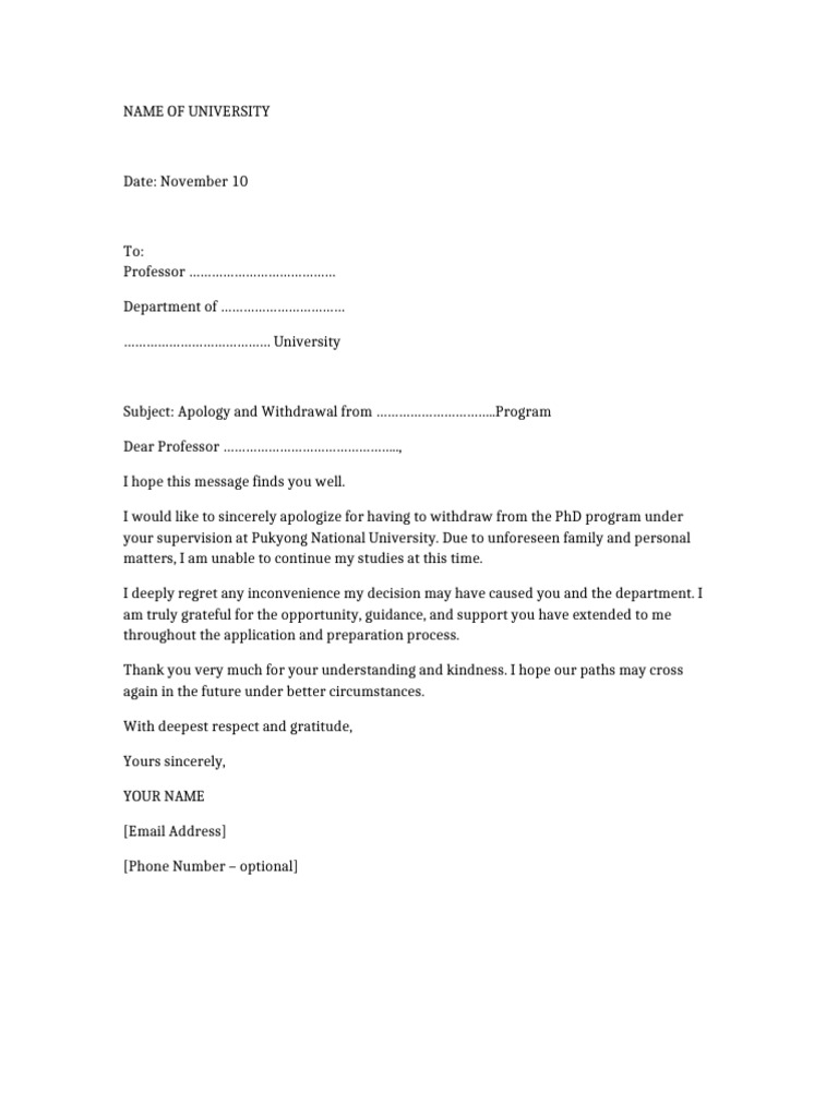 Apology for PhD Program Withdrawal | PDF