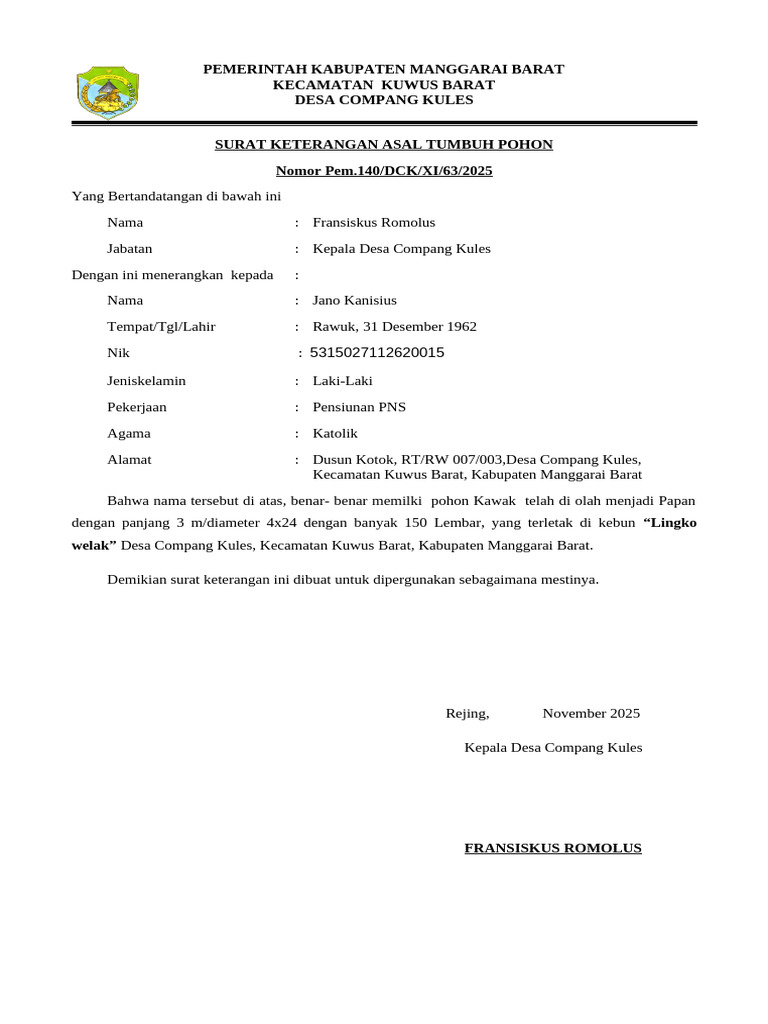 Surat Keterangan Asal Tumbuh Pohon Manggarai | PDF
