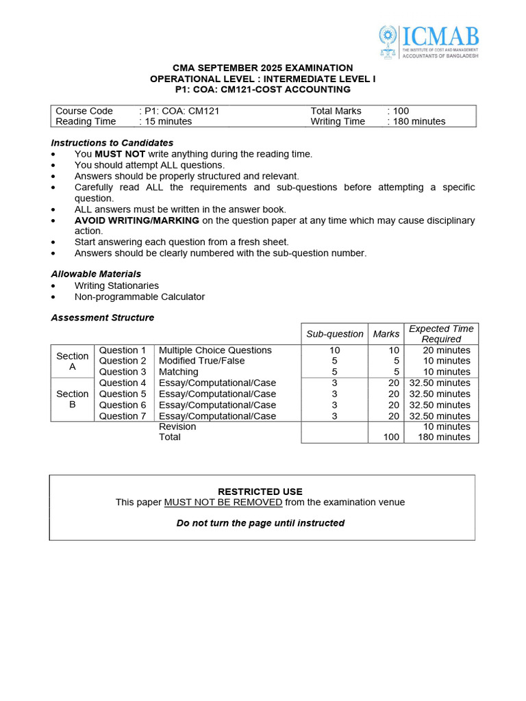 P1-COA - CM121 (IL-I & OL) Question CMA September-2025 Exam. | PDF ...
