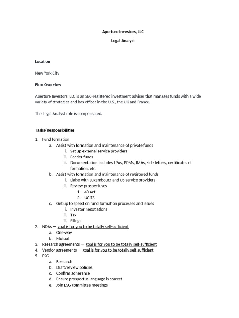 Aperture Legal Analyst Responsibilities - Sept 2022 | PDF