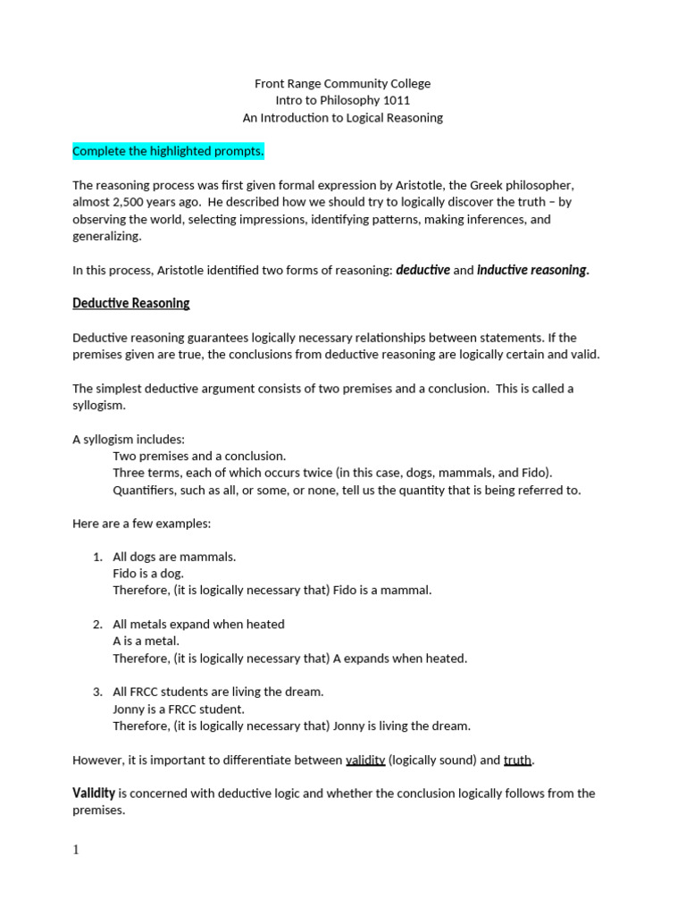 1 Intro to Logic Validity Truth S23 | PDF | Inductive Reasoning ...