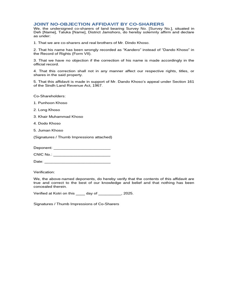 Joint No Objection Affidavit by Co Sharers | PDF | Affidavit | Evidence