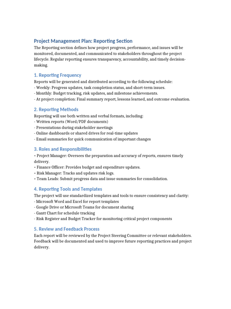 Project Reporting Plan and Guidelines | PDF