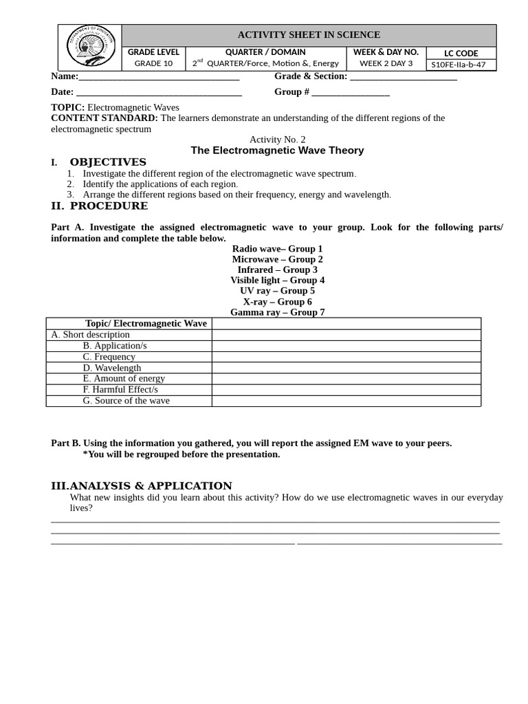 Electromagnetic Waves Activity Sheet | PDF