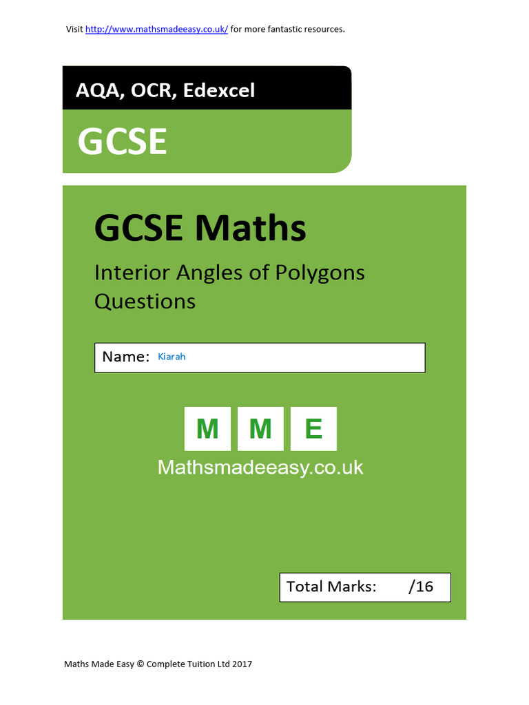 GCSE Maths Revision Interior Angles of Polygons Questions | PDF