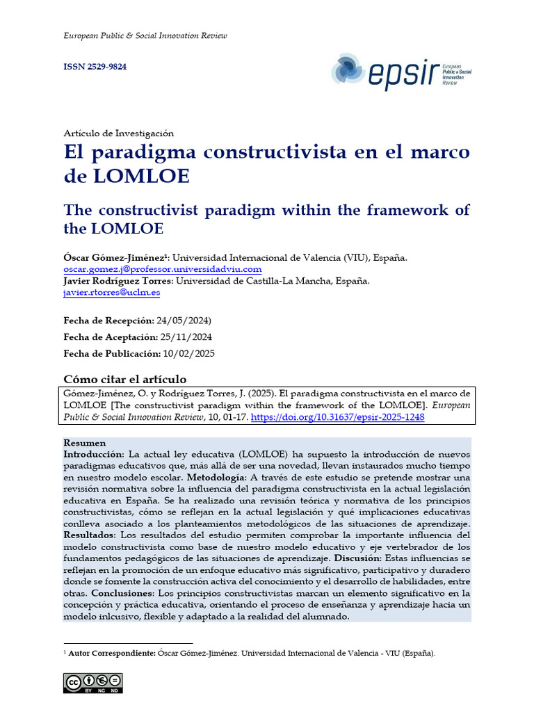 El Paradigma Constructivista en El Marco de Lomloe: The Constructivist ...
