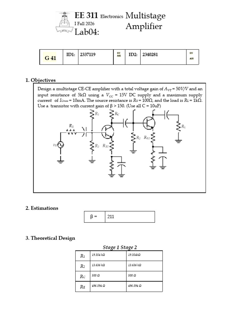 Lab04: Multistage Amplifier: 1. Objectives | PDF