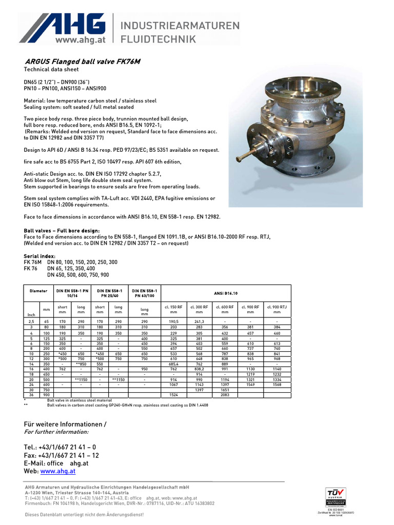 ARGUS FK76M Flanged Ball Valve Specs | PDF | Materials | Metals