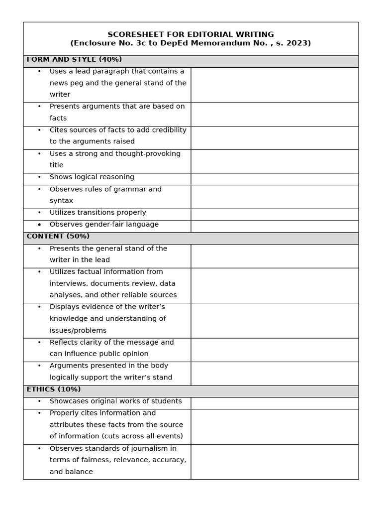 Scoresheet For Editorial Writing | PDF