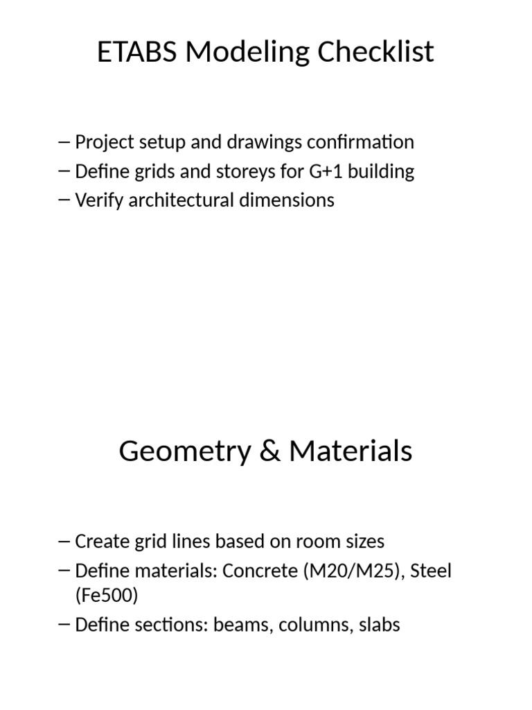 ETABS Modeling Checklist for G+1 Buildings | PDF