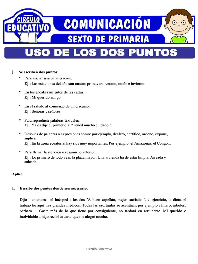 PDF Actividades Sobre El Uso de Los Dos Puntos para Sexto de Primaria ...