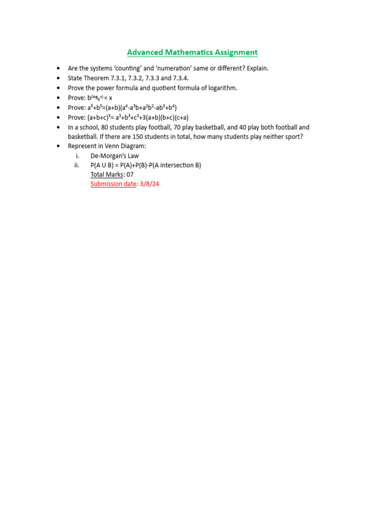 Advanced Mathematics Assignment: Submission Date: 3/8/24 | PDF
