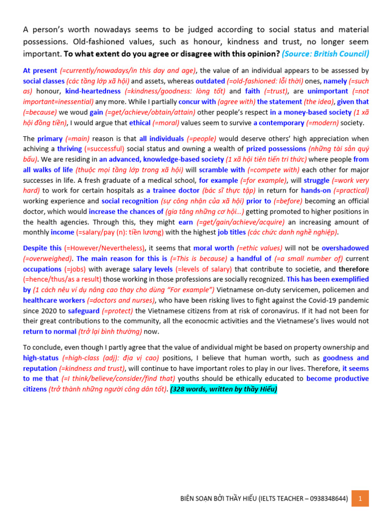 The Value of A Person, Task 2, Agree&disagree (High-Level Words) | PDF ...