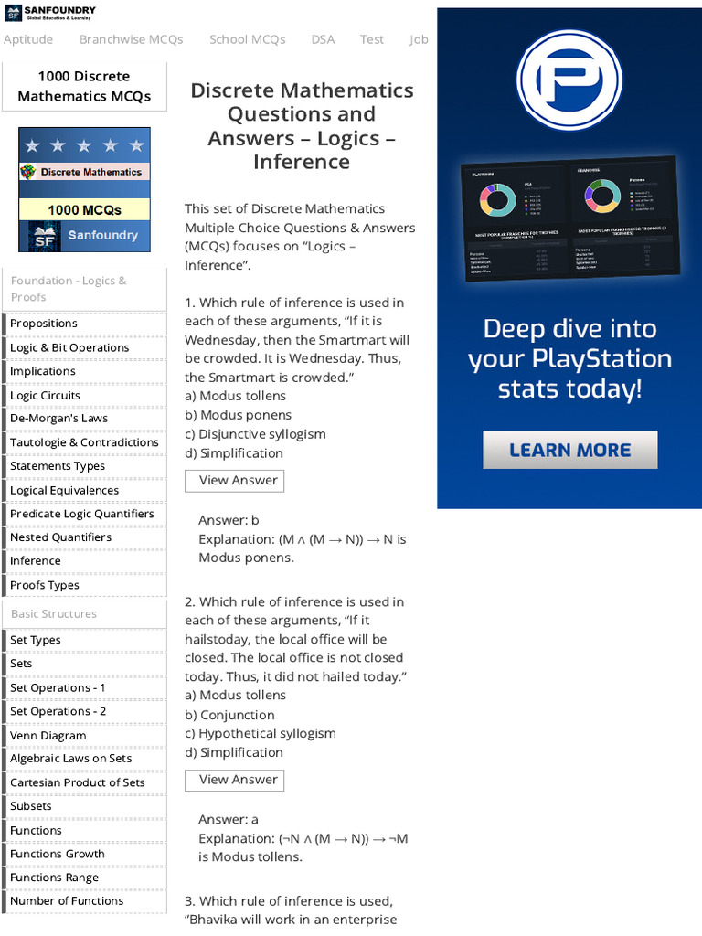 Inference - Discrete Mathematics Questions and Answers - Sanfoundry ...