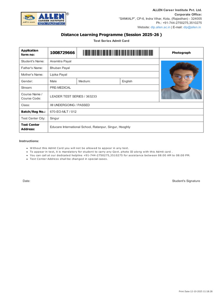 DLP_AdmitCard_1008729666_12-10-2025 11_18_28 | PDF | Public Health