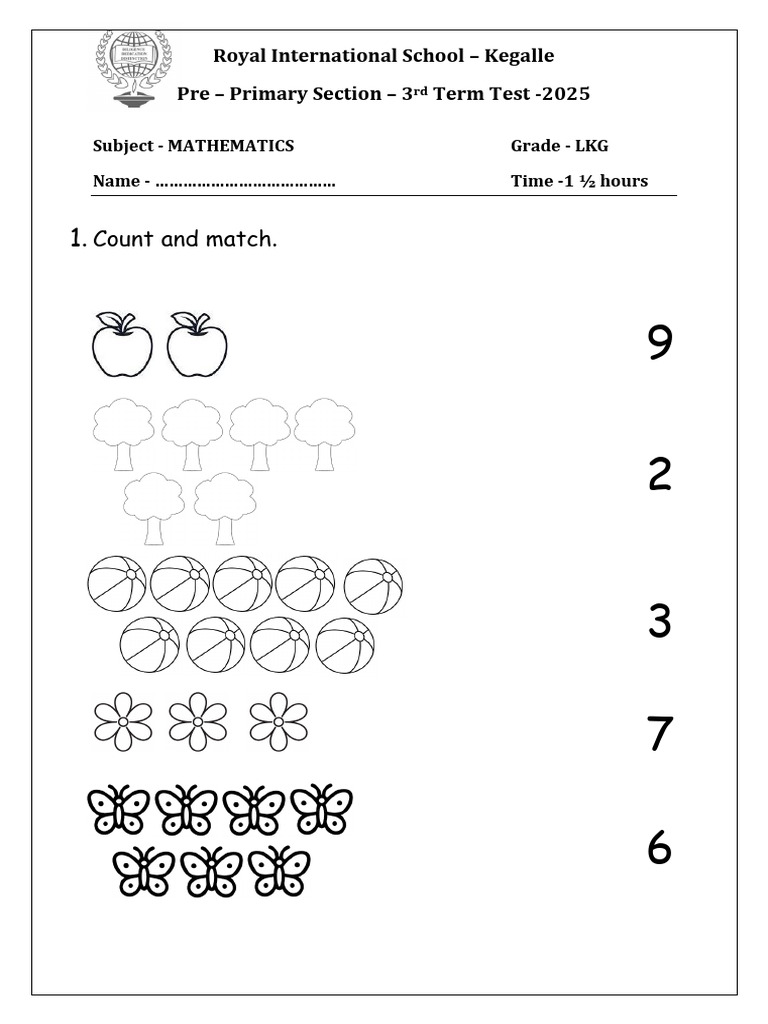 LKG Mathematics Test - 3rd Term 2025 | PDF