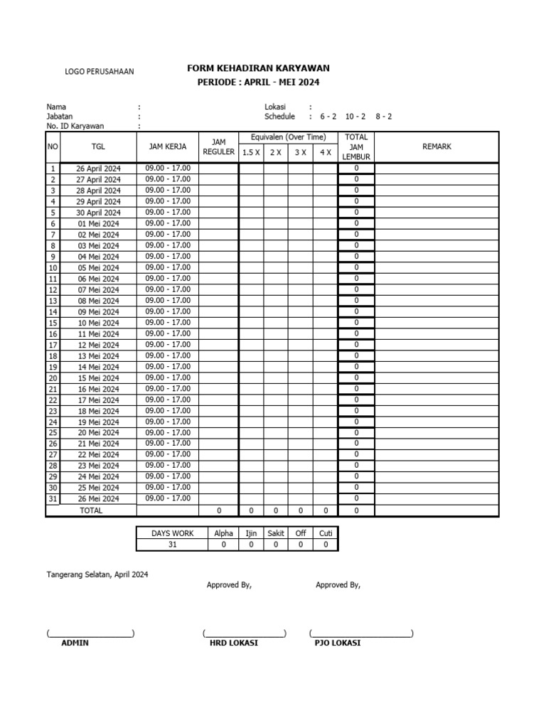 Form Absensi Karyawan - Tambang | PDF