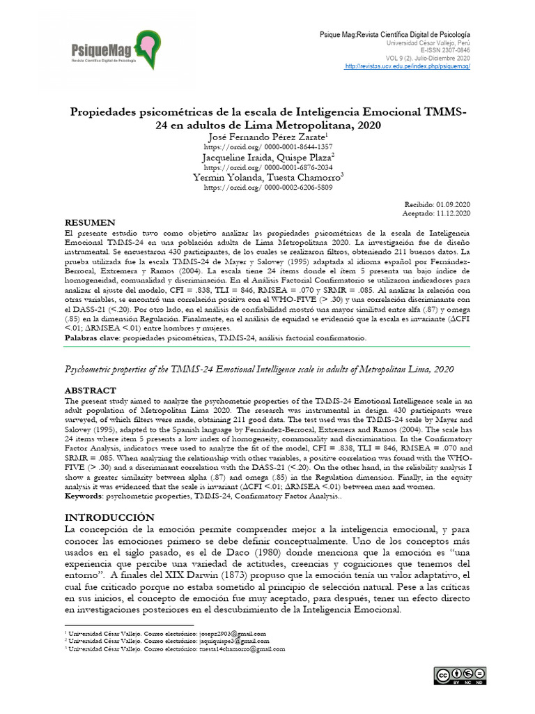 Propiedades psicométricas TMMS-24 en Lima | PDF | Inteligencia ...