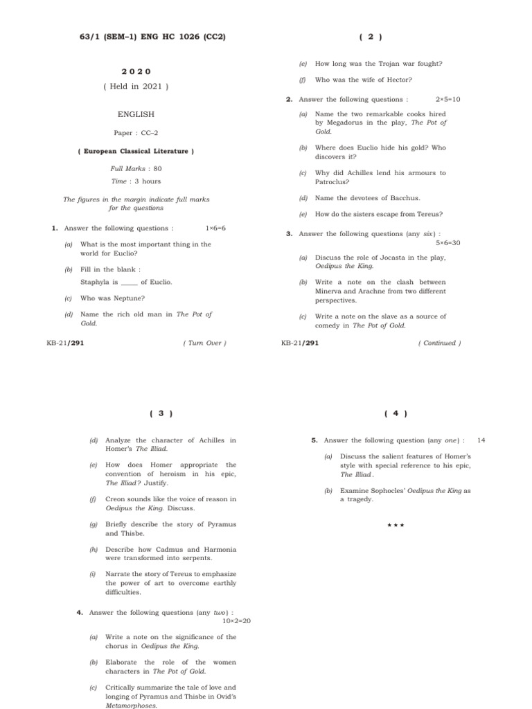 European Classical Literature Question Paper | PDF | Greek Mythology ...