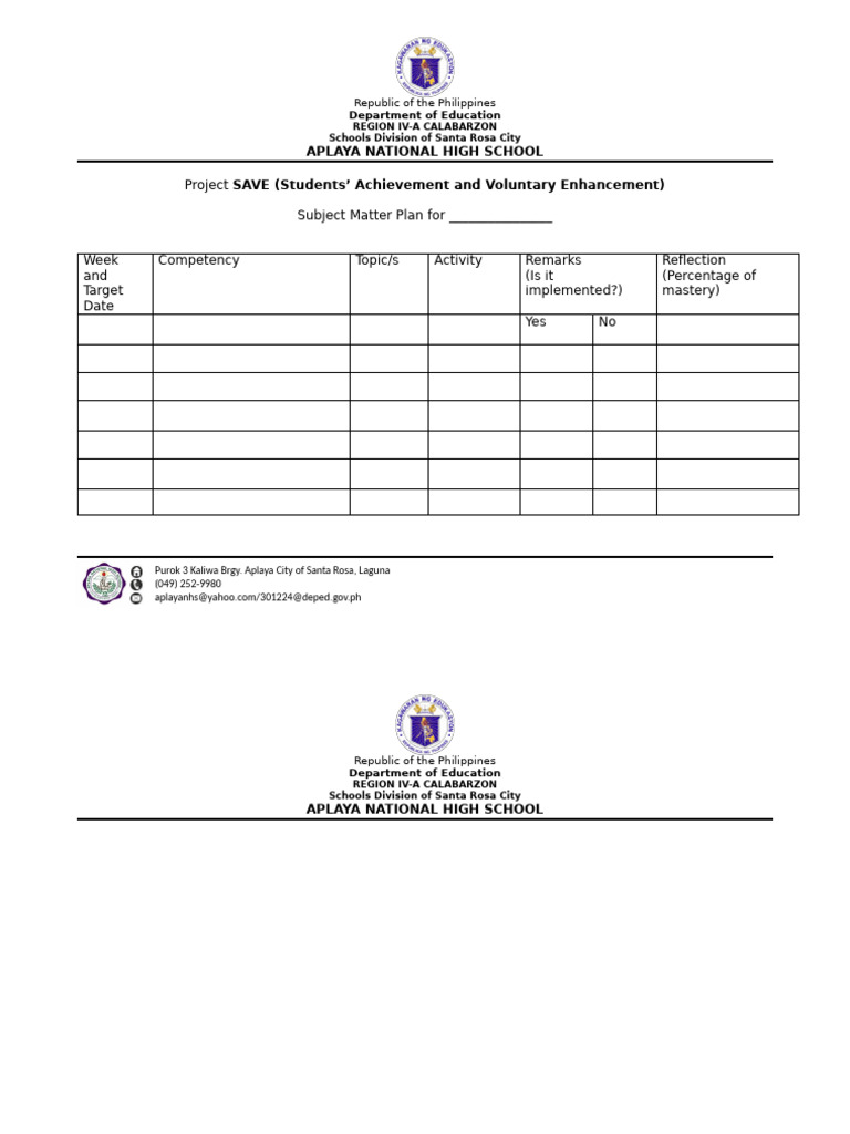 Project SAVE - Subject Matter Plan - Template | PDF