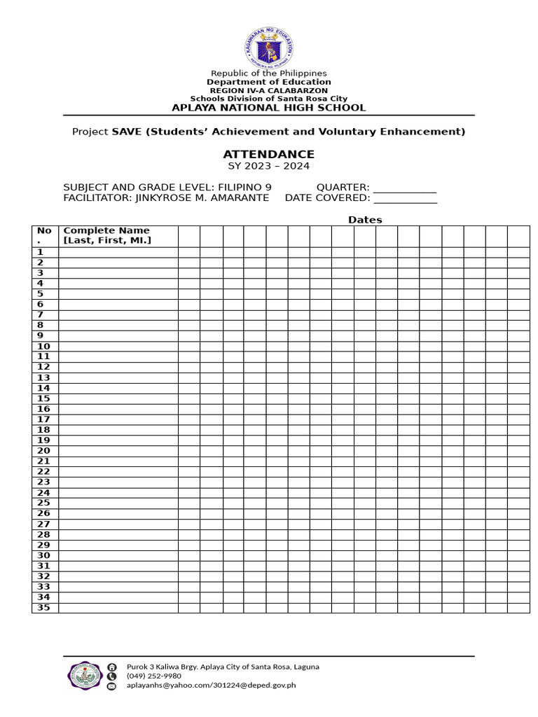 Project SAVE Attendance Template | PDF