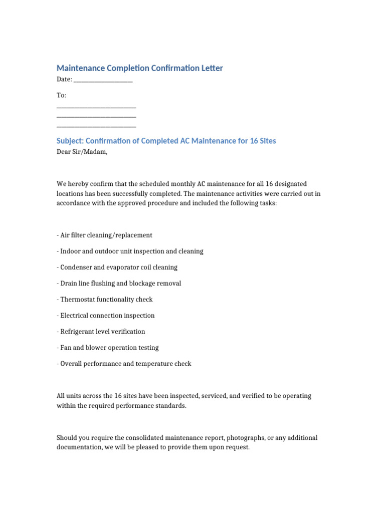 AC Maintenance Confirmation for 16 Sites | PDF