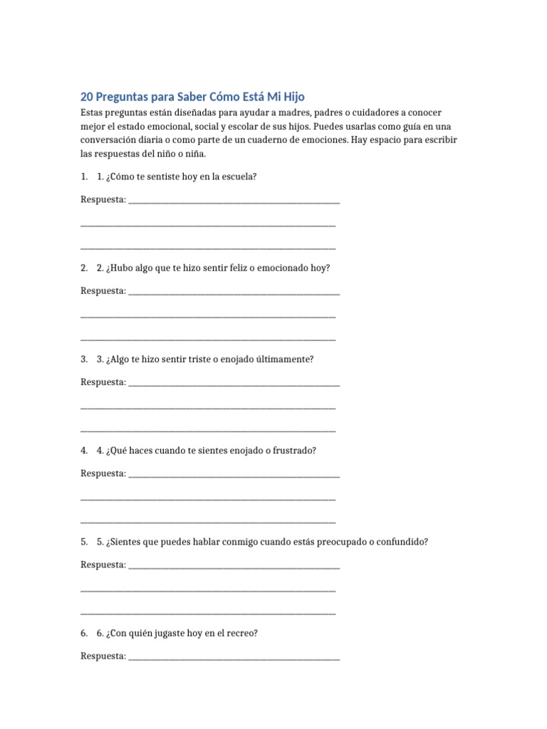 20 Preguntas para Conocer a Tu Hijo | PDF