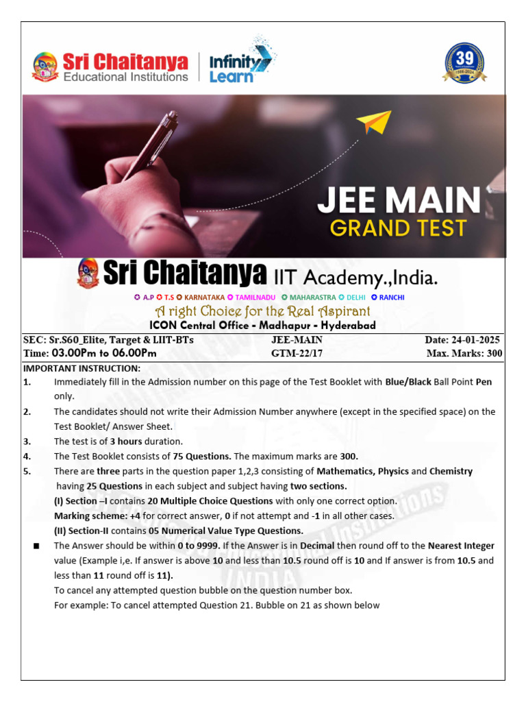 24-01-2025 Sr.s60 Elite, Target & Liit-bts Jee-main-gtm-22&17 q.paper | PDF | Force ...