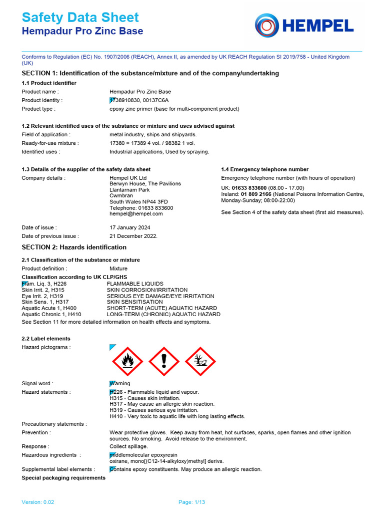 Hempadur Pro Zinc Base Safety Data Sheet | PDF | Toxicity ...