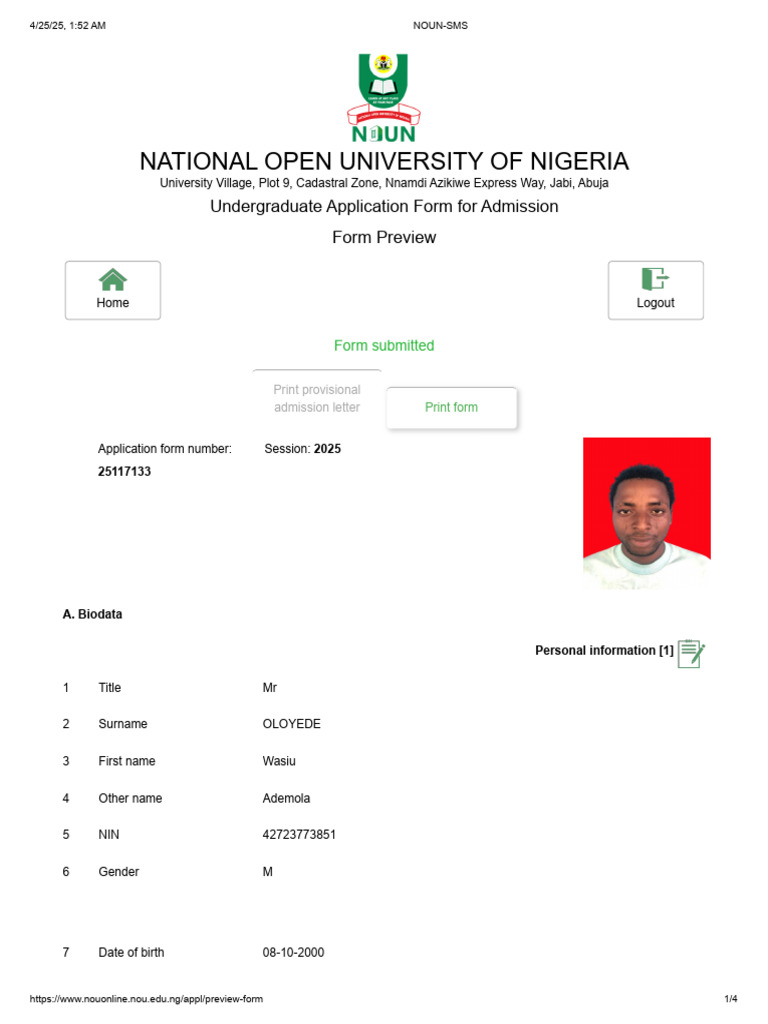 NOUN Undergraduate Admission Form | PDF
