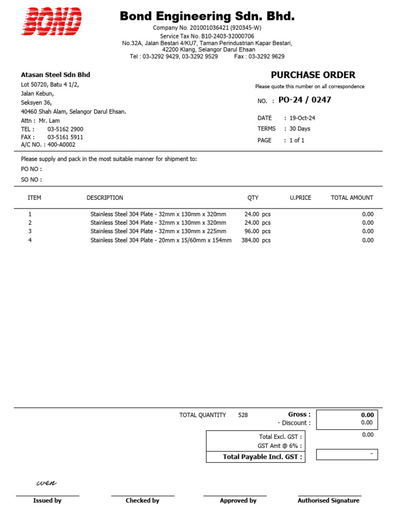 Atasan Steel PO No - Po-24-0247 | PDF
