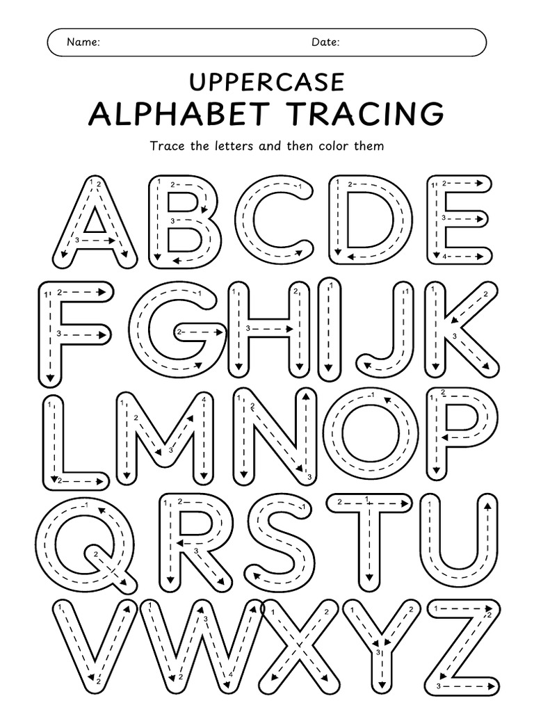 Uppercase Alphabet Tracing Worksheet in Monochromatic Simple Style ...