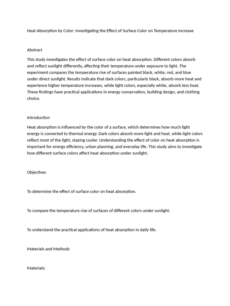 Heat Absorption by Color - Investigating The Effect of Surface Color On ...