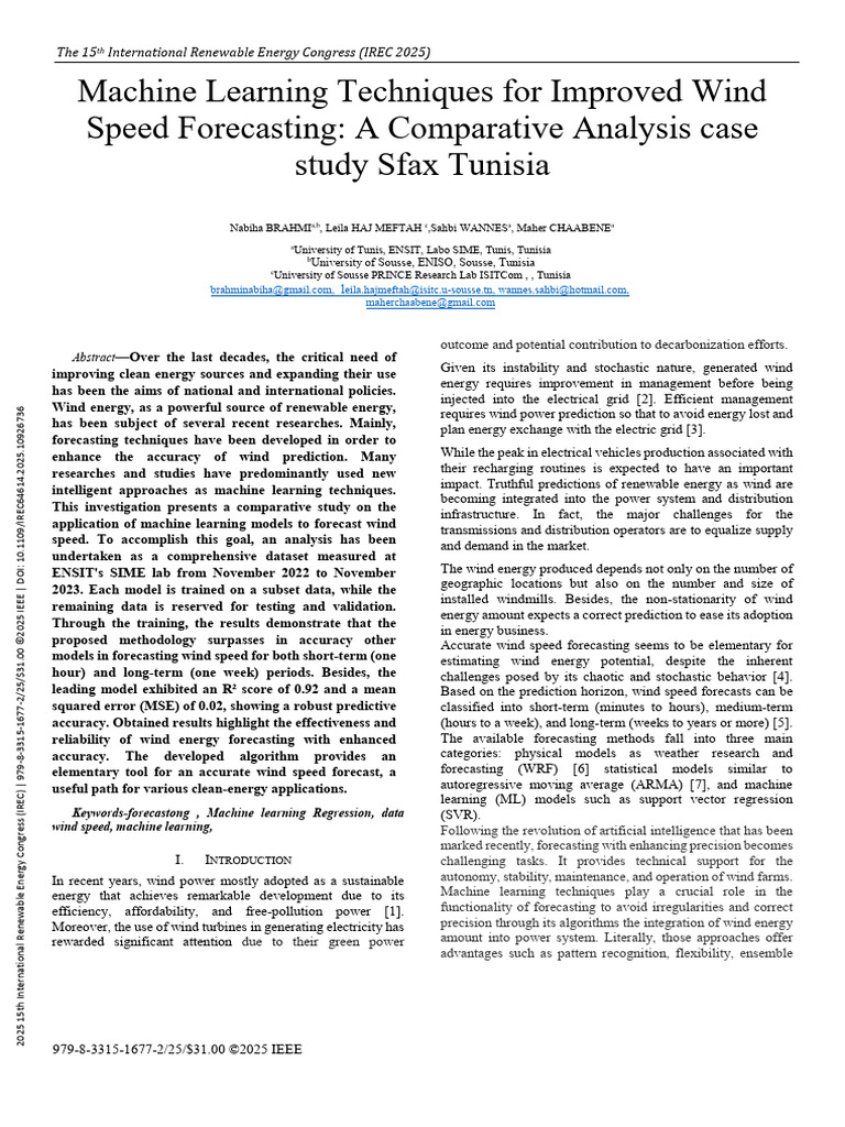 Machine Learning for Wind Speed Forecasting | PDF | Machine Learning ...