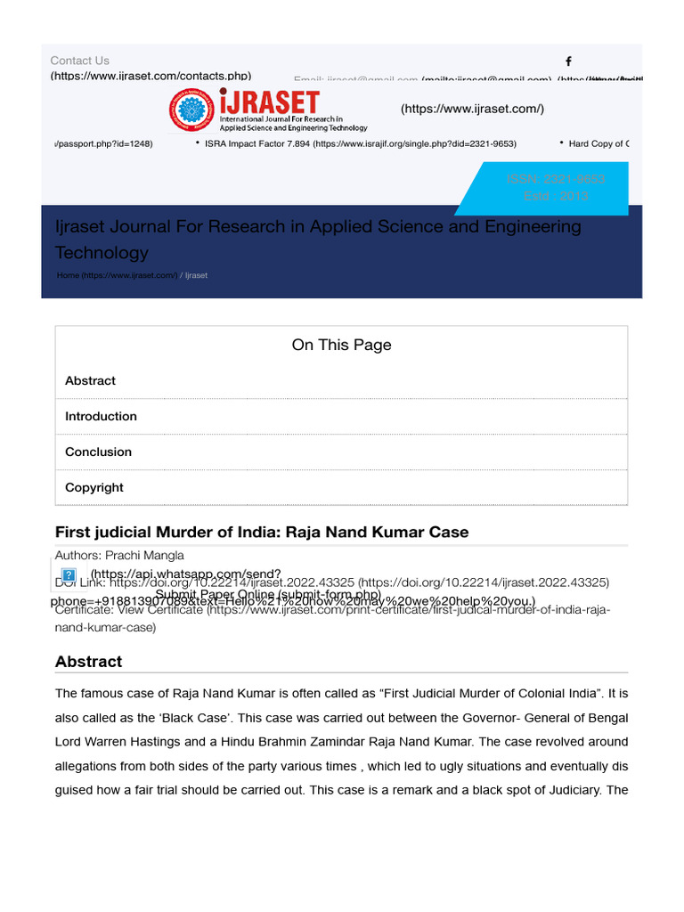 First Judicial Murder of India- Raja Nand Kumar Case | PDF | Academic ...