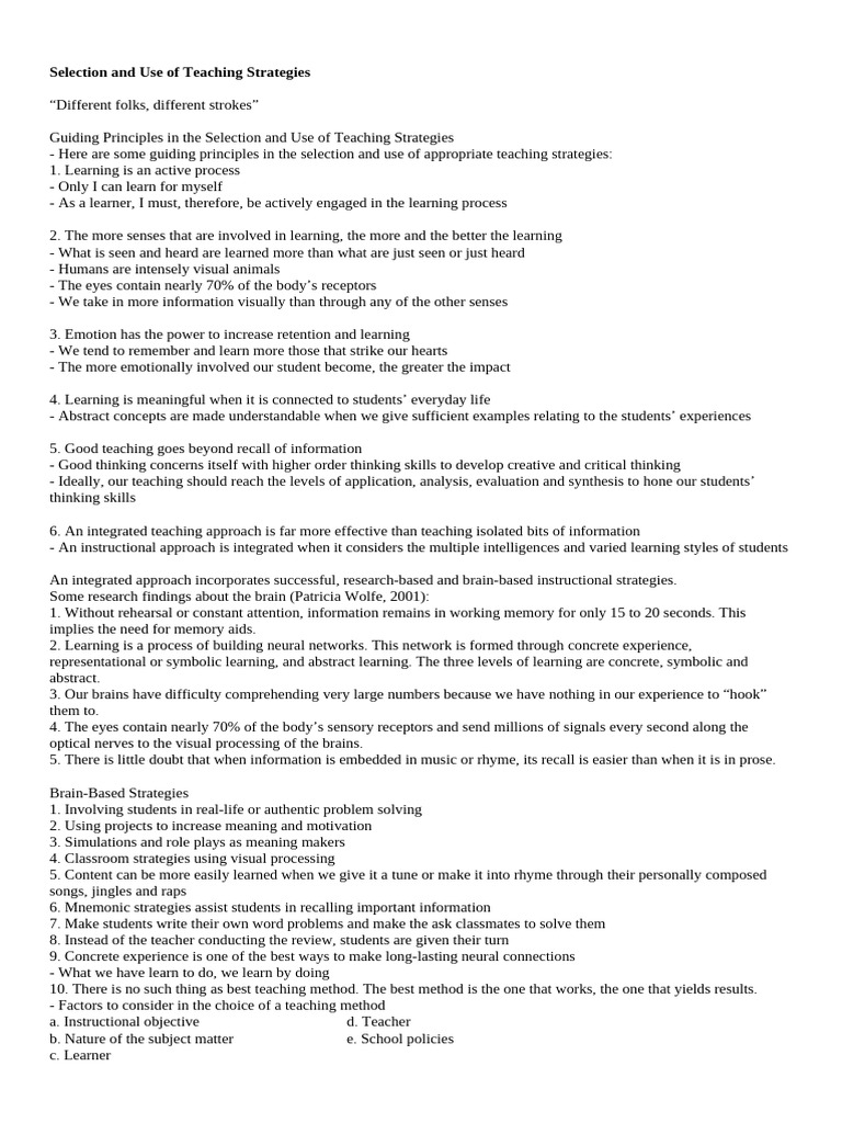 Unit III Chapter 3 Selection and Use of Teaching Strategies | PDF | Learning | Thought