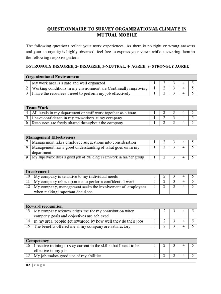 Questionnaire To Survey Organizational Climate in Mutual Mobile | PDF ...