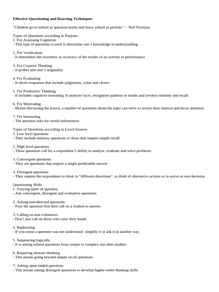 Effective Questioning Techniques in Education | PDF | Cognition ...