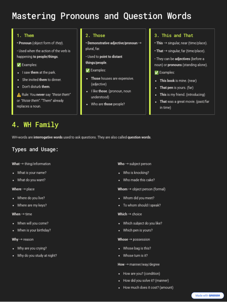 Mastering Pronouns and Question Words | PDF | Pronoun | Grammatical Number