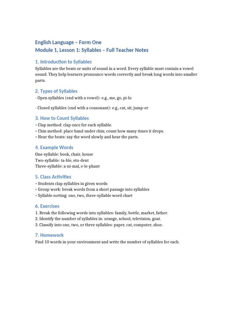 Form1 Syllables | PDF