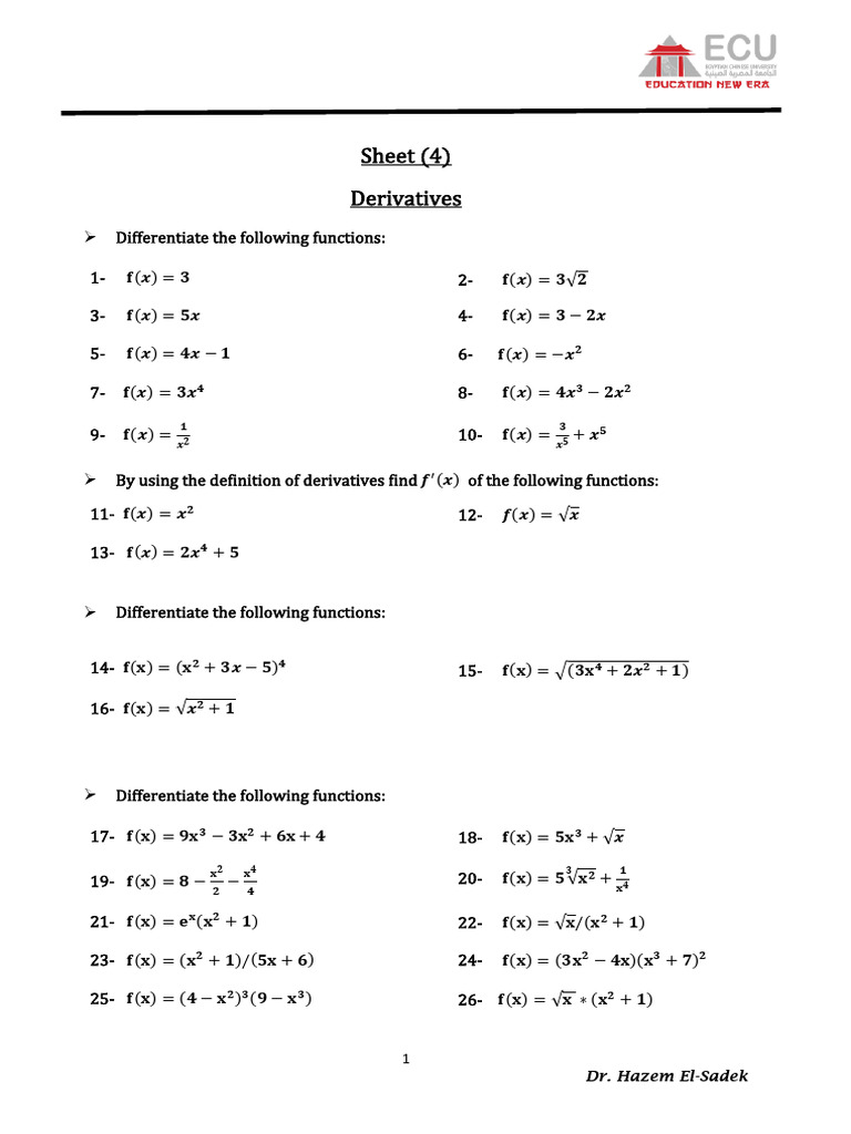 Sheet 4 Derivatives | PDF | Derivative | Mathematical Analysis