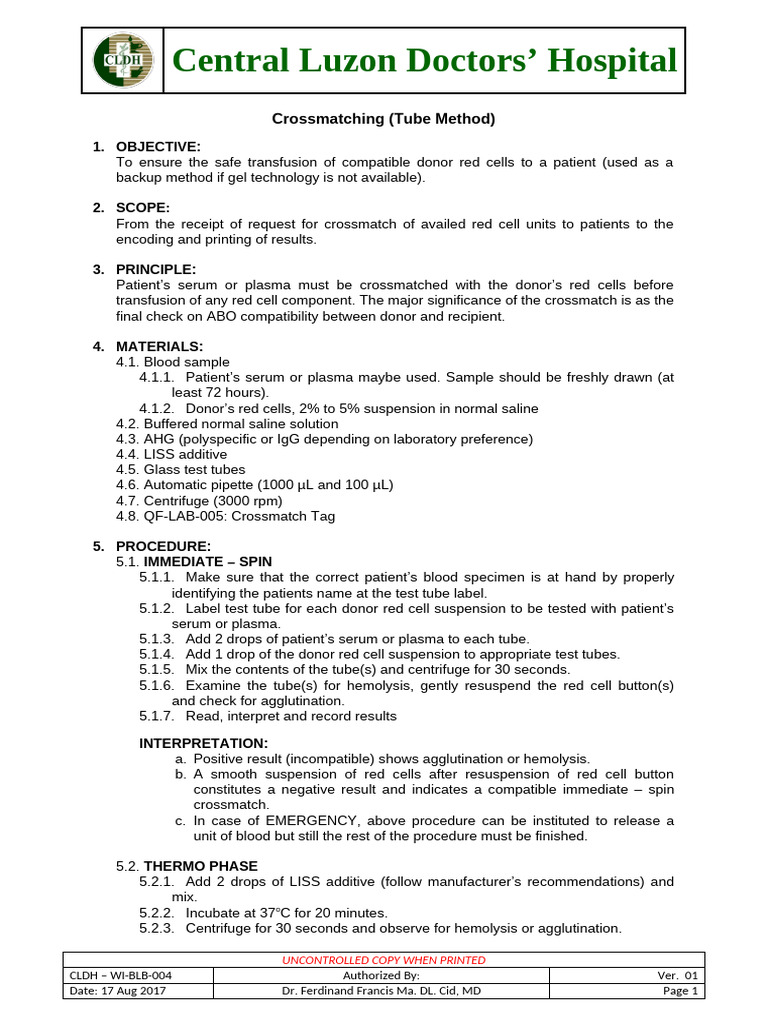 Crossmatching Procedure for Blood Transfusion | PDF | Blood Plasma ...
