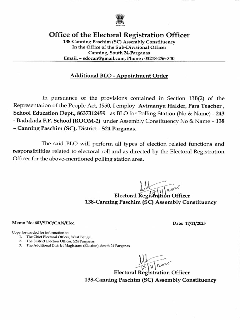 138 AC - P-243 - Change - Addi. BLO Appointment Letter - Gopalpur GP | PDF