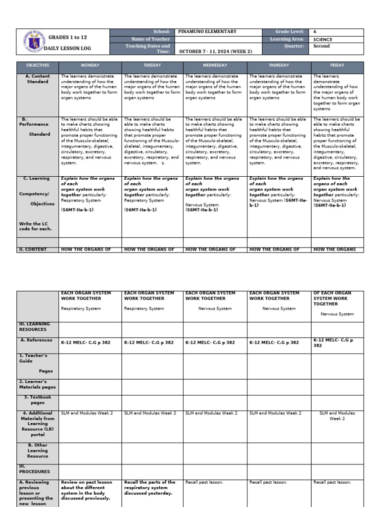 DLL_SCIENCE 6_Q2_W2 | PDF | Lung | Brain