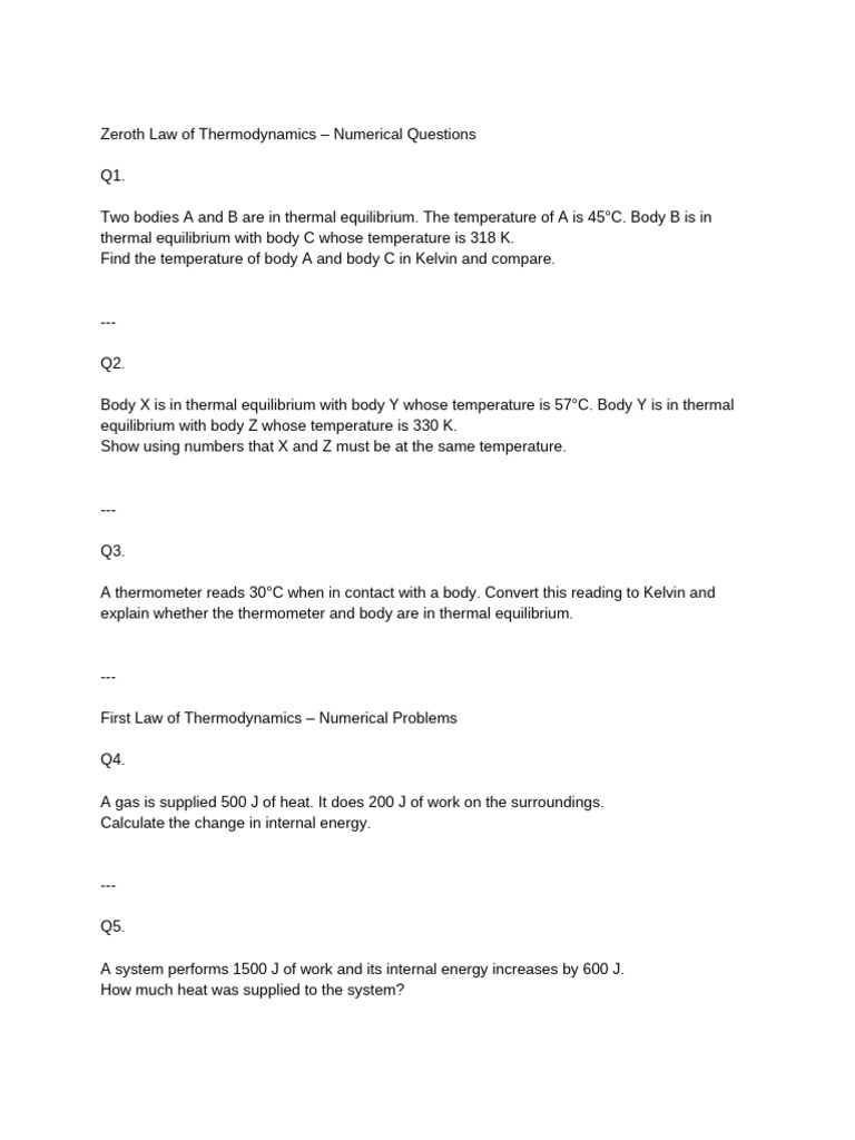 Thermodynamics Worksheet | PDF | Heat | Temperature